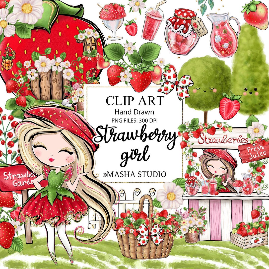 Strawberry Girl Clipart, Sweet Berries Graphics (PNG Files) - Etsy