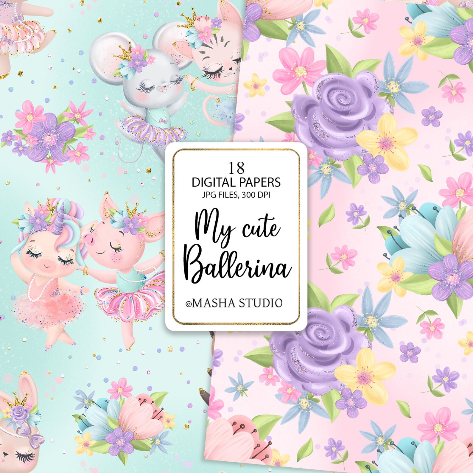 Ballerina Animals Digital Papers, Ballerina Cat Pattern, Ballerina ...