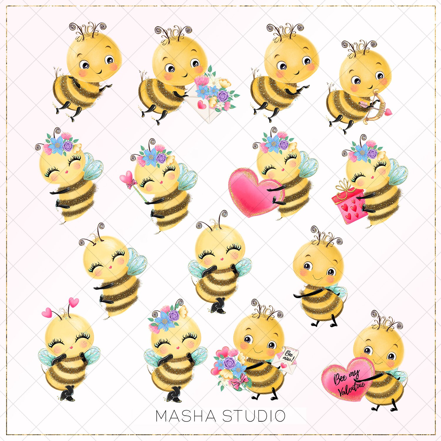 Hand Drawn Valentine's Day Clipart, Bee My Valentine Clipart, Valentine ...