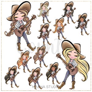 Country Music Hand Drawn Clip Art, Country Girl Illustration, Western ...