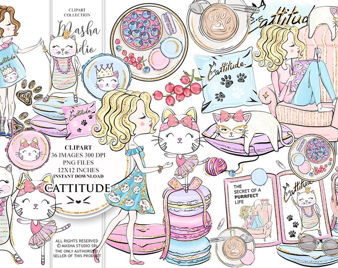 Cattitude Clipart Cat Planner Stickers Cute Cat Illustration - Etsy