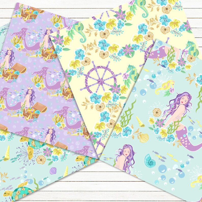 Mermaid Digital Paper: aqua Mermaids With Mermaid | Etsy