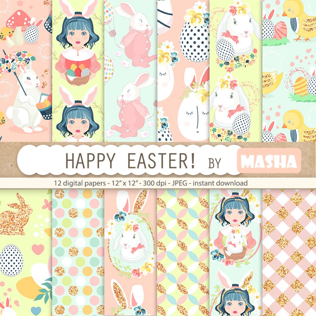 Easter Digital Paper: "happy EASTER Papers" With Easter Pattern, Bunny ...