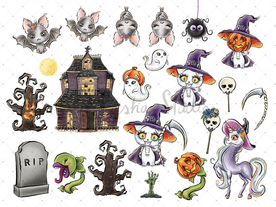 Halloween Clipart, Cute Halloween Clipart, Cute Witch, Haunted House ...