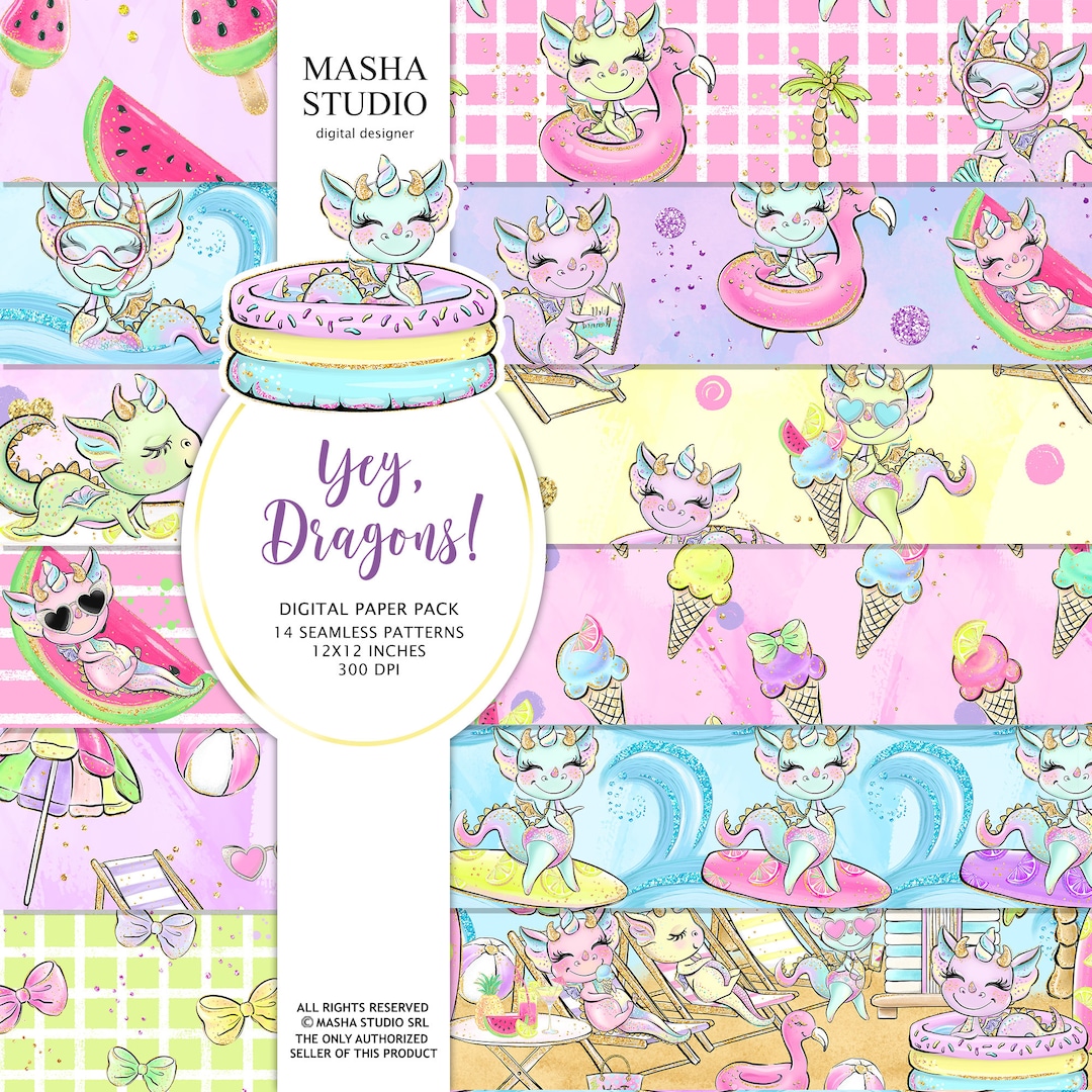 Dragons Digital Papers, Summer Digital Papers, Dragon Pattern, Summer ...