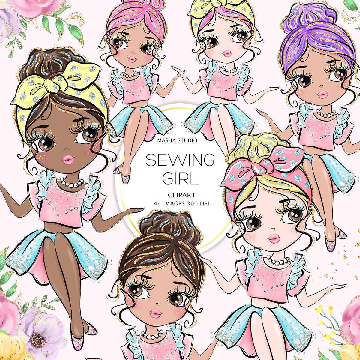 Masha Studio's Sewing Girl Clipart Sewing Queen Crafting | Etsy