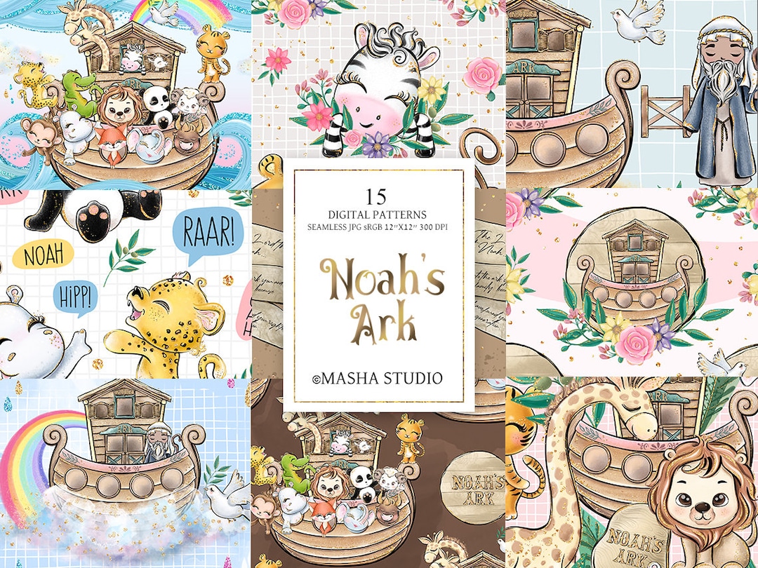 Noah's Ark Digital Papers, Noah's Ark Seamless Patterns, Cute Animals ...