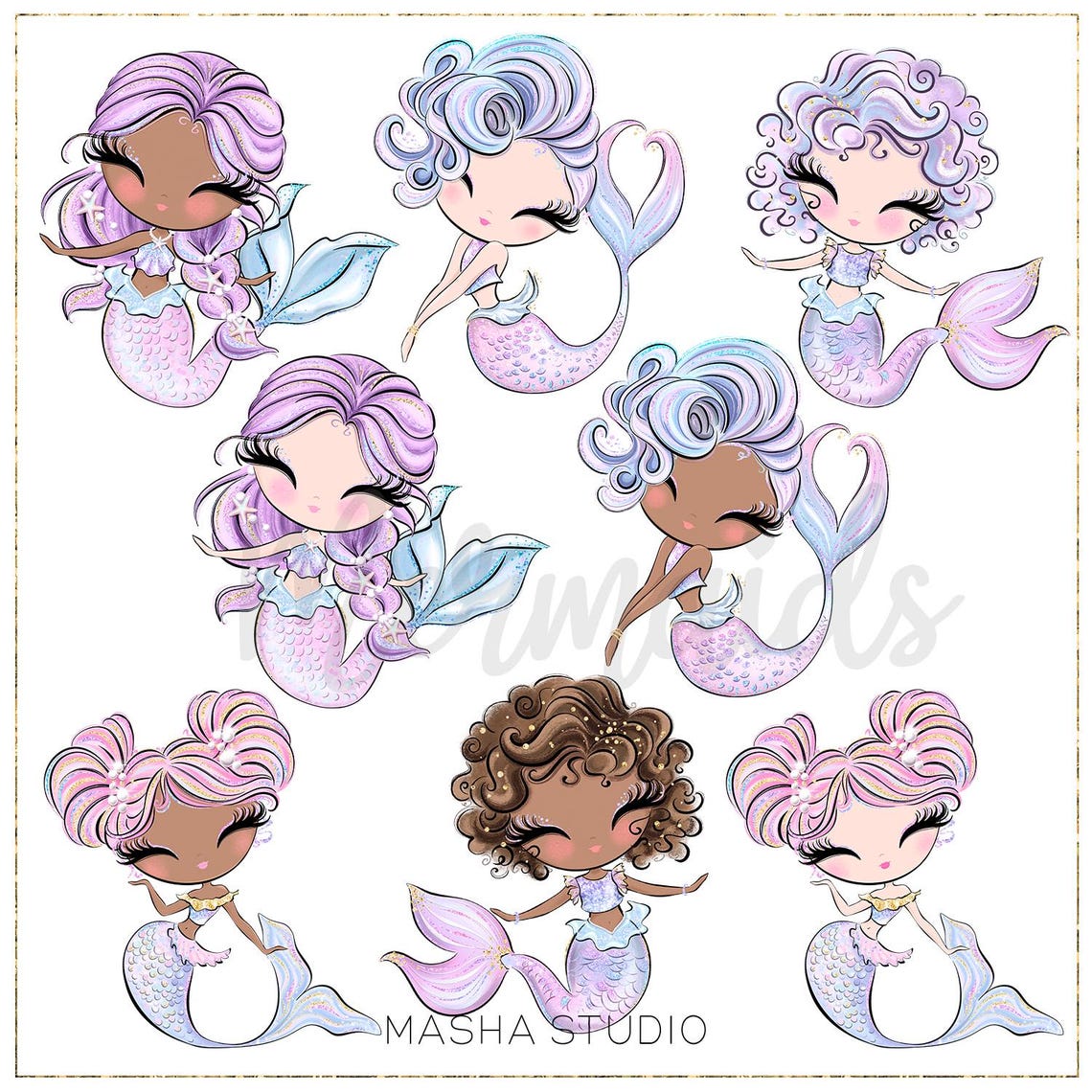 Mermaid Clipart Bundle, Hand Drawn Illustrations, Sea Animals (pngs) - Etsy
