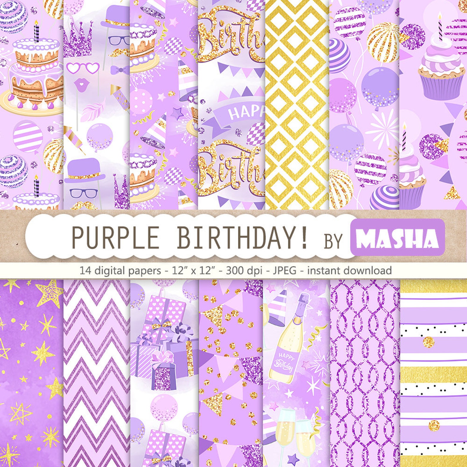 Birthday Digital Paper Purple Party Paper Pack Birthday Cake - Etsy