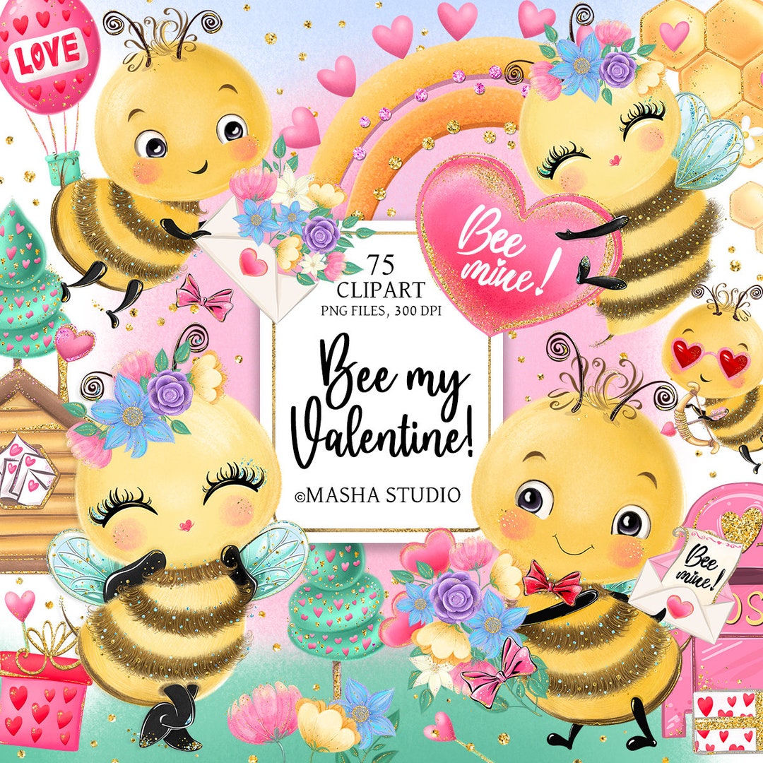 Hand Drawn Valentine's Day Clipart, Bee My Valentine Clipart, Valentine ...