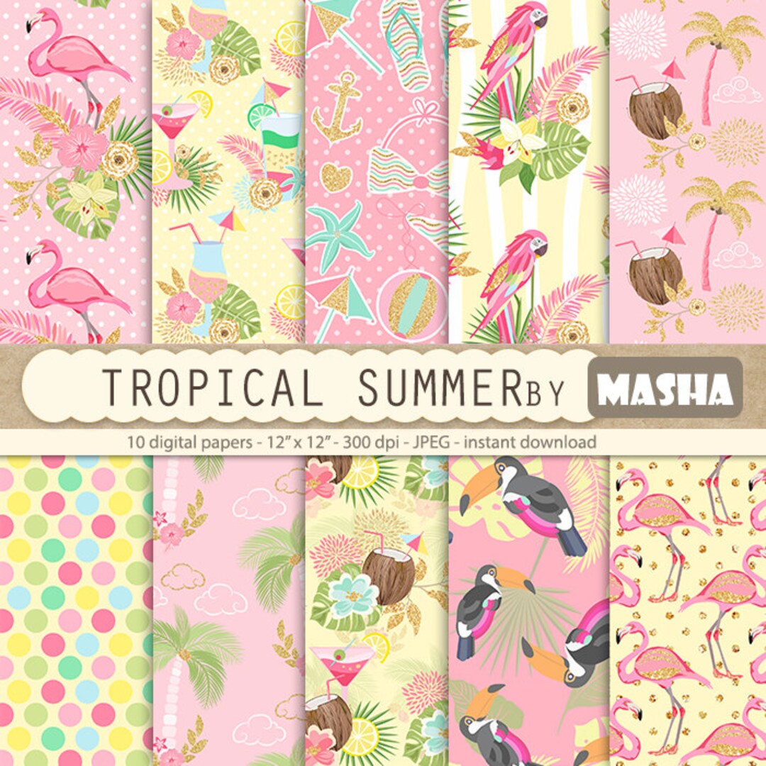 Tropical Digital Papers: tropical Summer With Flamingo Patterns, Exotic ...