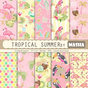 Tropical Digital Papers: tropical Summer With Flamingo Patterns, Exotic ...