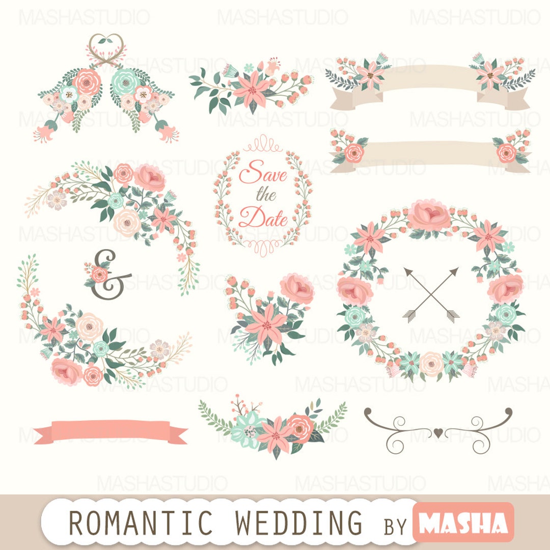 Floral Clipart: romantic Wedding Clipart With Floral Wreath Clipart ...