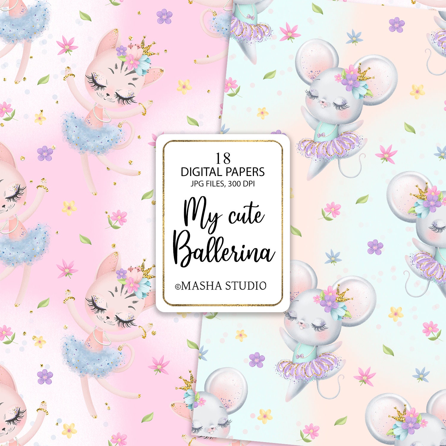 Ballerina Animals Digital Papers, Ballerina Cat Pattern, Ballerina ...