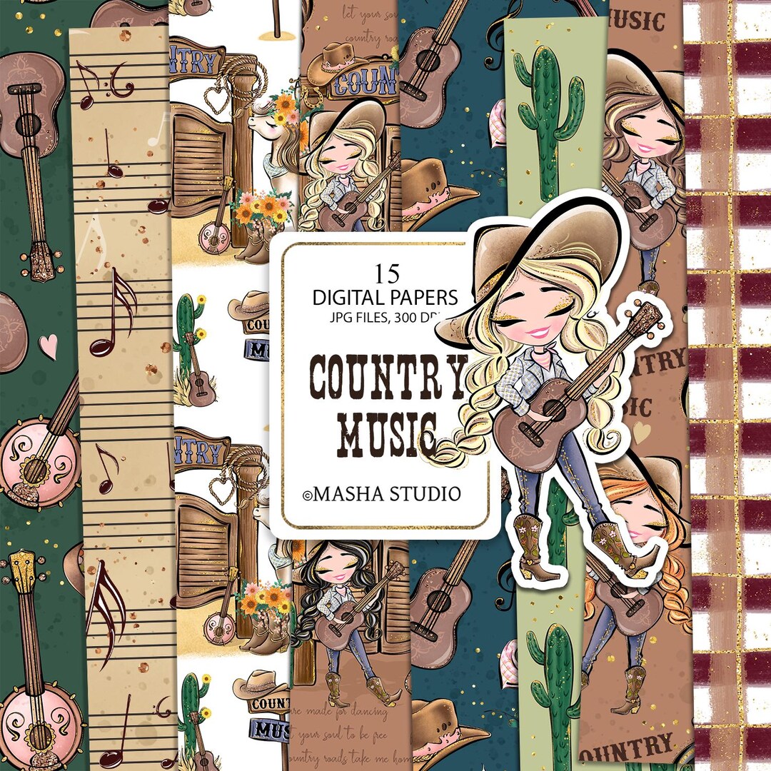 Country Music Hand Drawn Seamless Patterns, Western Digital Papers ...