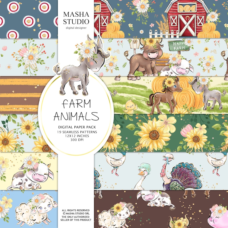 Farm Animals Digital Papers Domestic Animals Patterns - Etsy