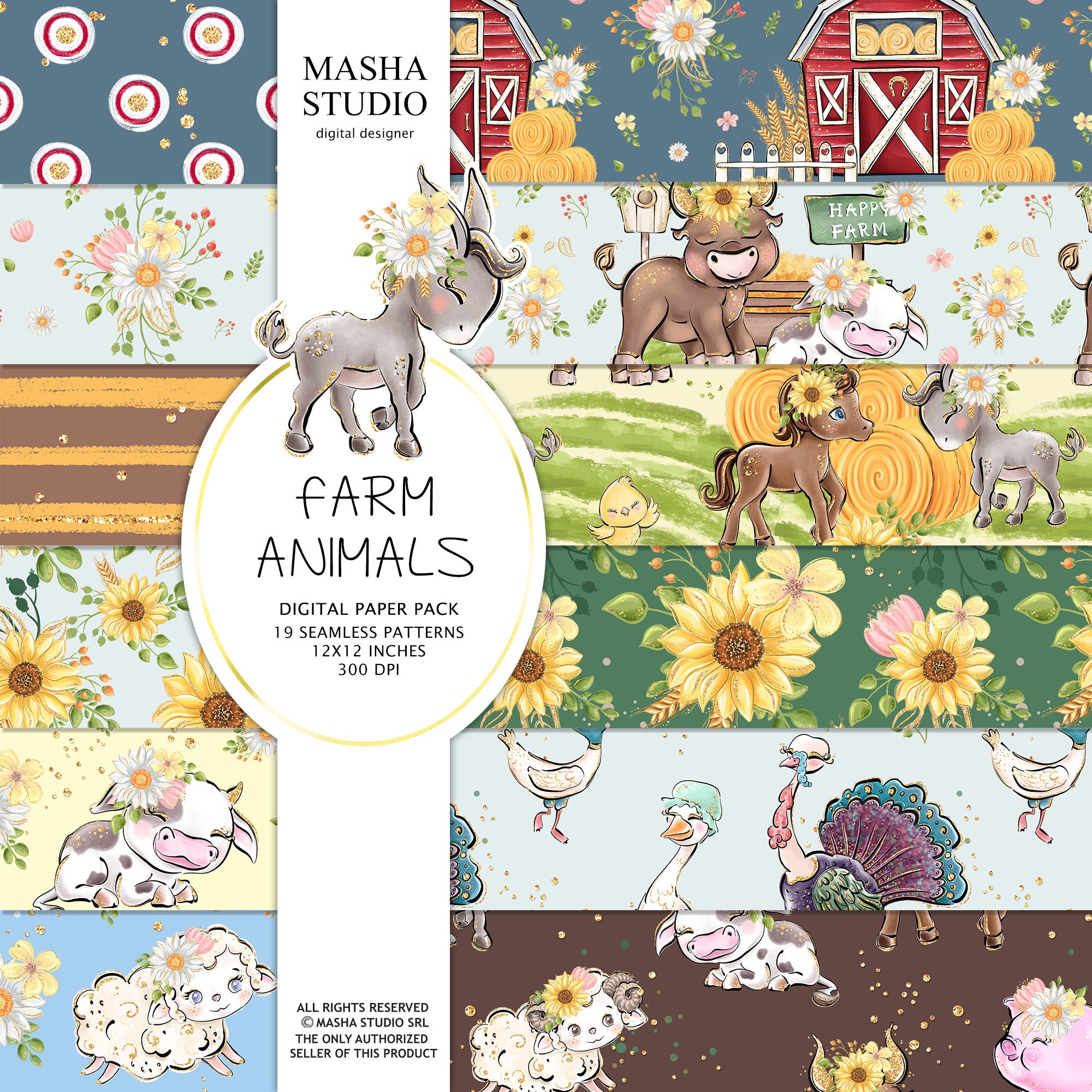 Farm Animals Digital Papers, Domestic Animals Patterns, Farmhouse ...