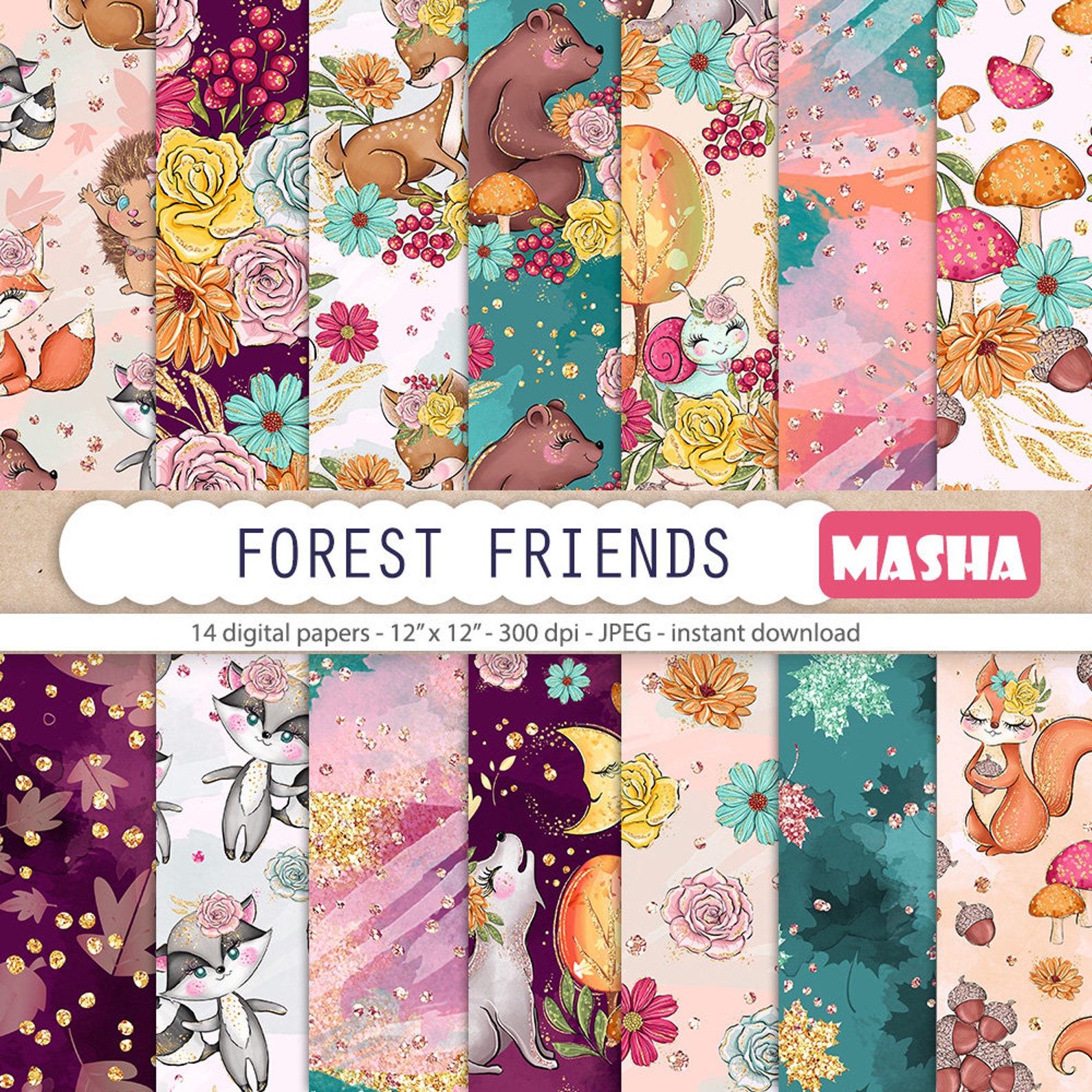 Forest Friends Digital Paper Pack Forest Pattern Animal | Etsy