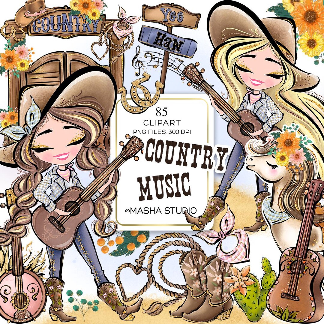 Country Music Hand Drawn Clip Art, Country Girl Illustration, Western ...