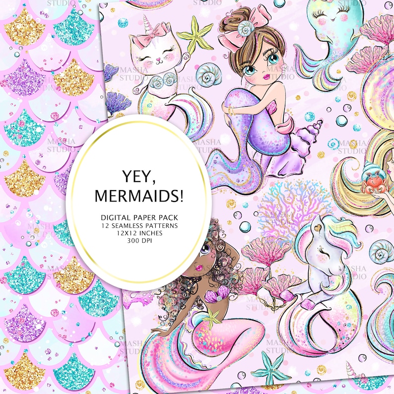 Mermaid Digital Papers Mermaid Patterns Mermaid Surface - Etsy