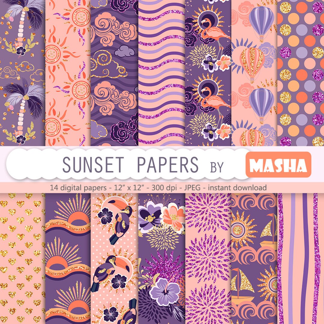 Sunset Papers: sunset Digital Papers With Sun Patterns, Polkdots Paper ...