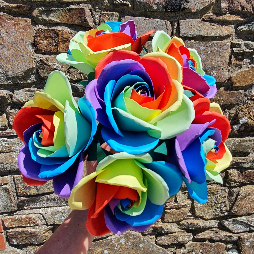 6 X Rainbow Paper Roses | Stemmed Flowers | Valentines Gifts | Wedding ...