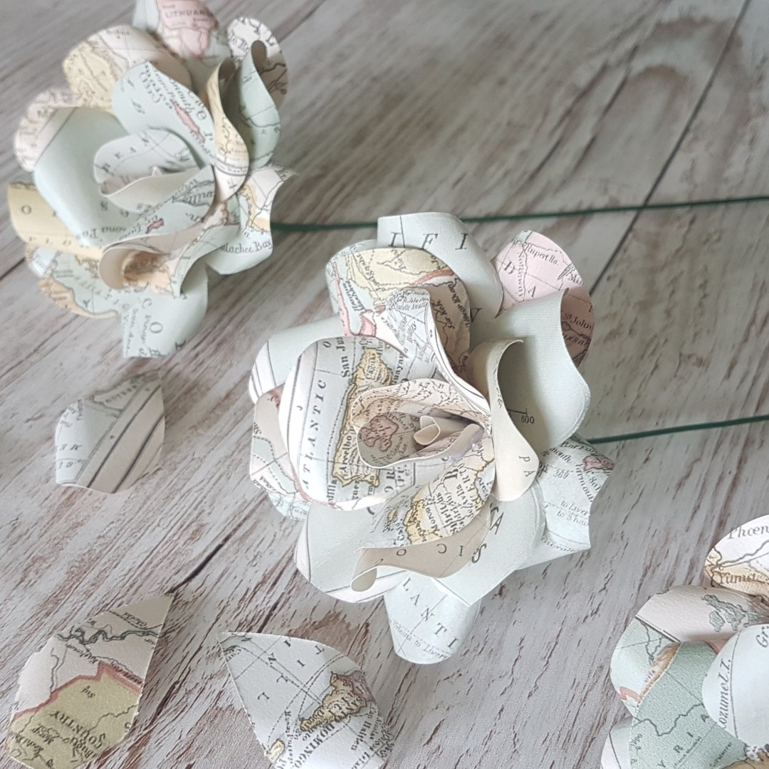 3 X Map Roses, Paper Flowers, Bouquet, Paper Roses Beautiful Gift Idea ...