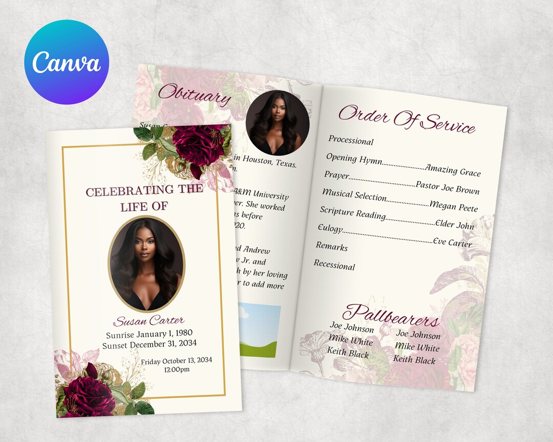 Burgandy Floral Funeral Program // Funeral Program Template // Editable ...