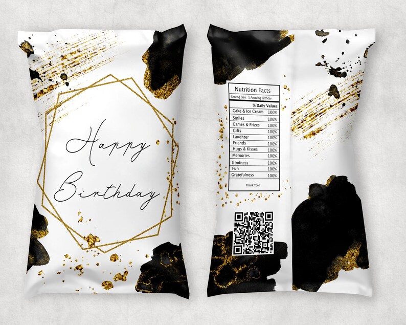 Black and Gold Happy Birthday Chip Bag // Instant Download // - Etsy