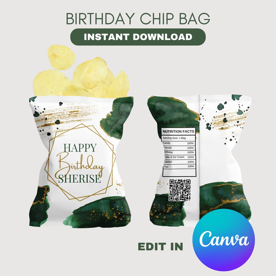 Emerald and Gold Happy Birthday Chip Bag // Instant Download // Chip ...