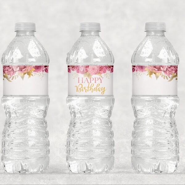 Happy Birthday Water Bottle Labels Pink and Gold - Etsy