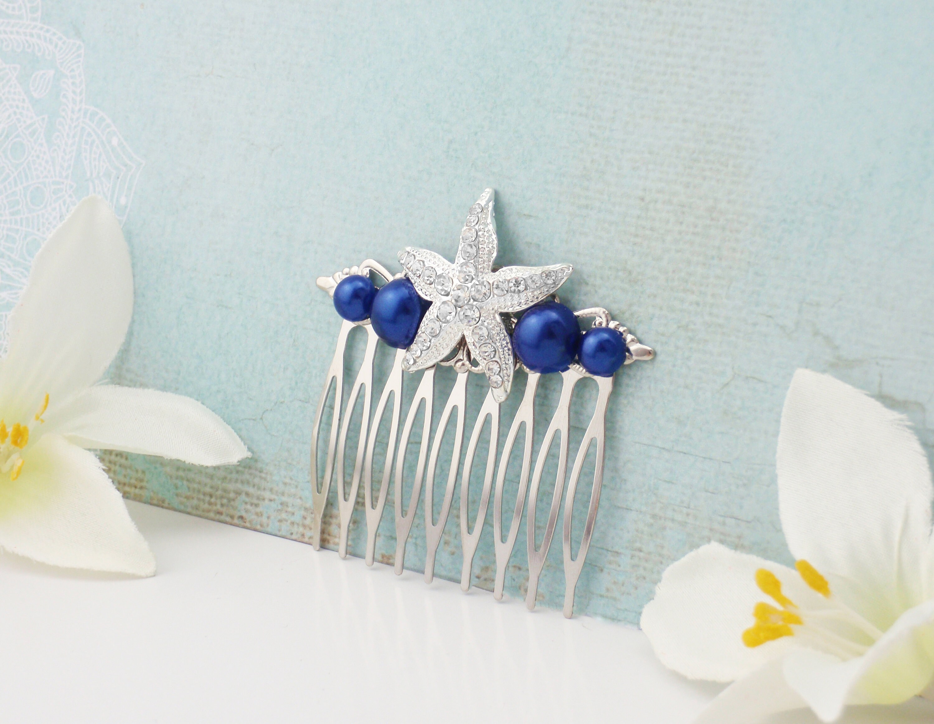 Silver and Dark Blue Starfish Hair Comb Dark Blue Pearl Hair - Etsy