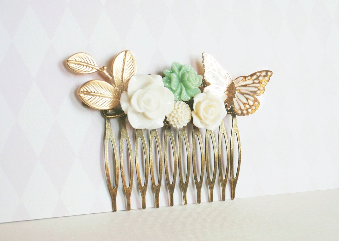 Mint Green, Gold Butterfly Hair Comb. Elegant Flower Comb in Gold ...