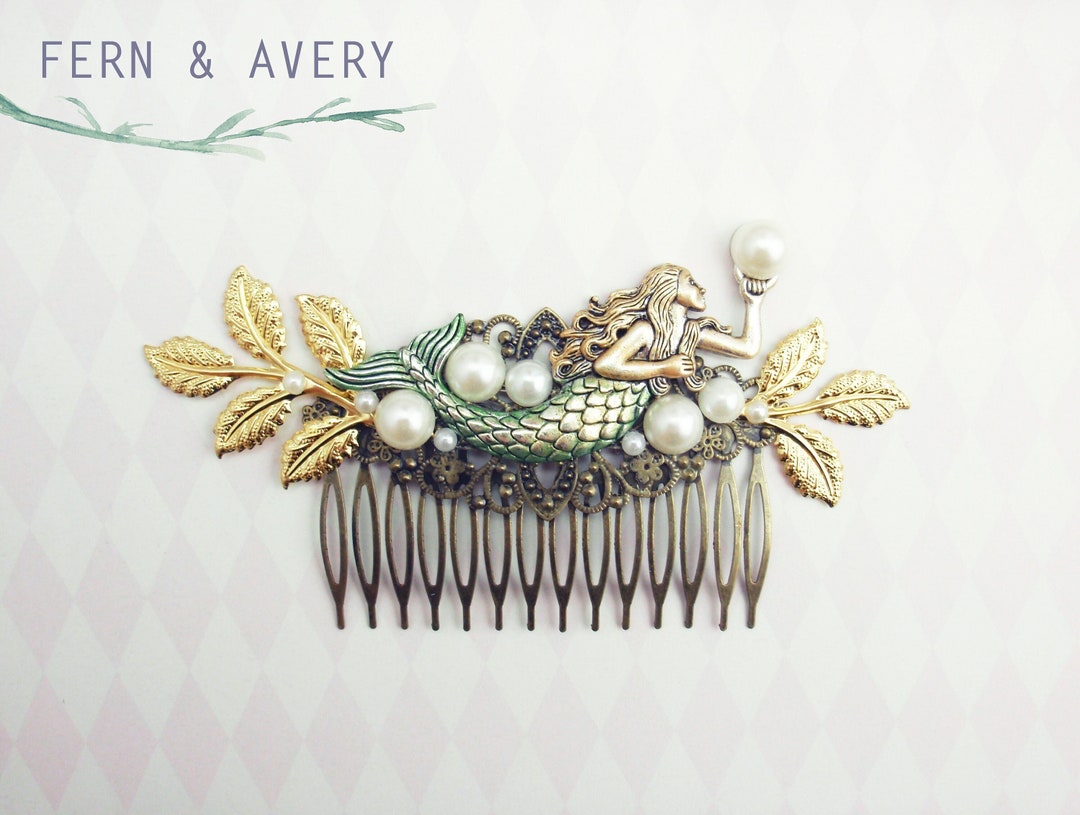 Mermaid Hair Comb. Gold Green Ivory Vintage Style Comb. Bronze Pearl ...