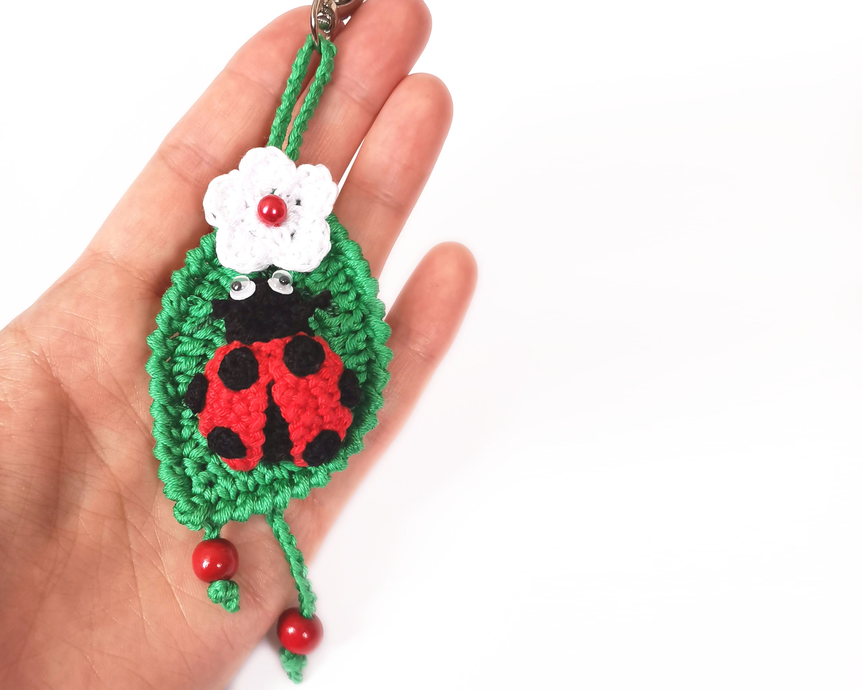 Crochet Ladybug Keychain Pattern: Ladybird on Leaf Keyring (PDF ...