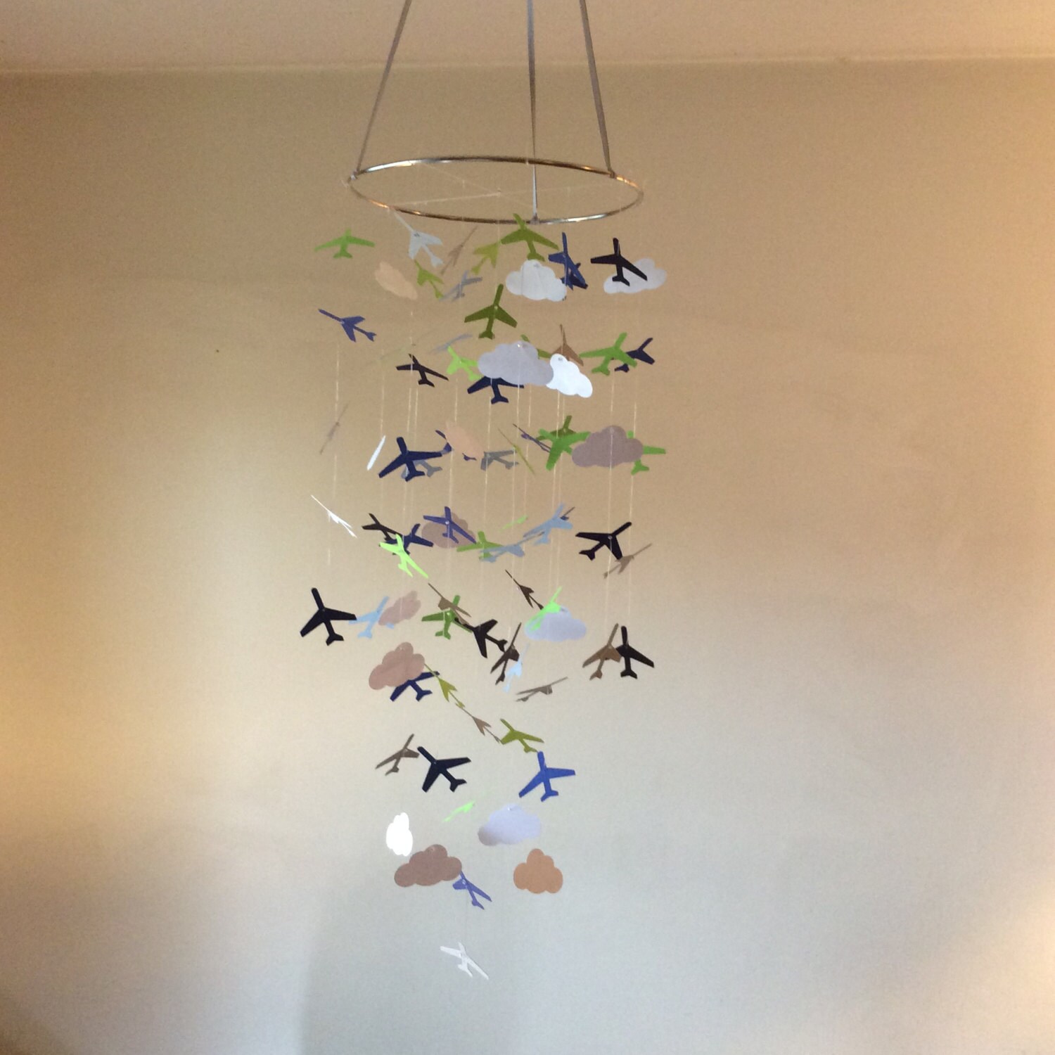 Plane Hanging Mobile. Navy Green Grey & White Airplane and Clouds ...