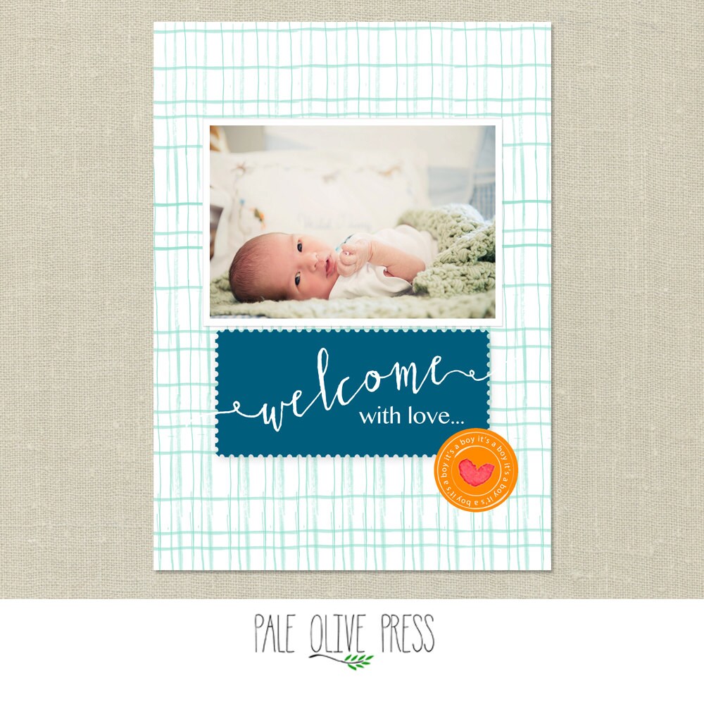 Birth Announcement PSD Template Photo Card_BOY_TEAL WATERCOLOR | Etsy