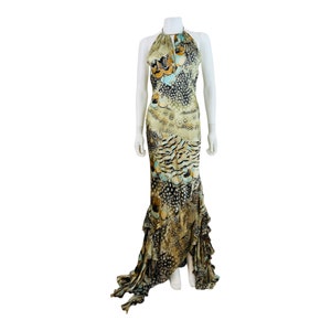 Vintage S/S 2004 Y2K Roberto Cavalli Silk Feather Print Halter Dress ...