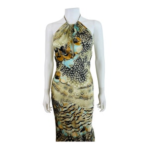 Vintage S/S 2004 Y2K Roberto Cavalli Silk Feather Print Halter Dress ...