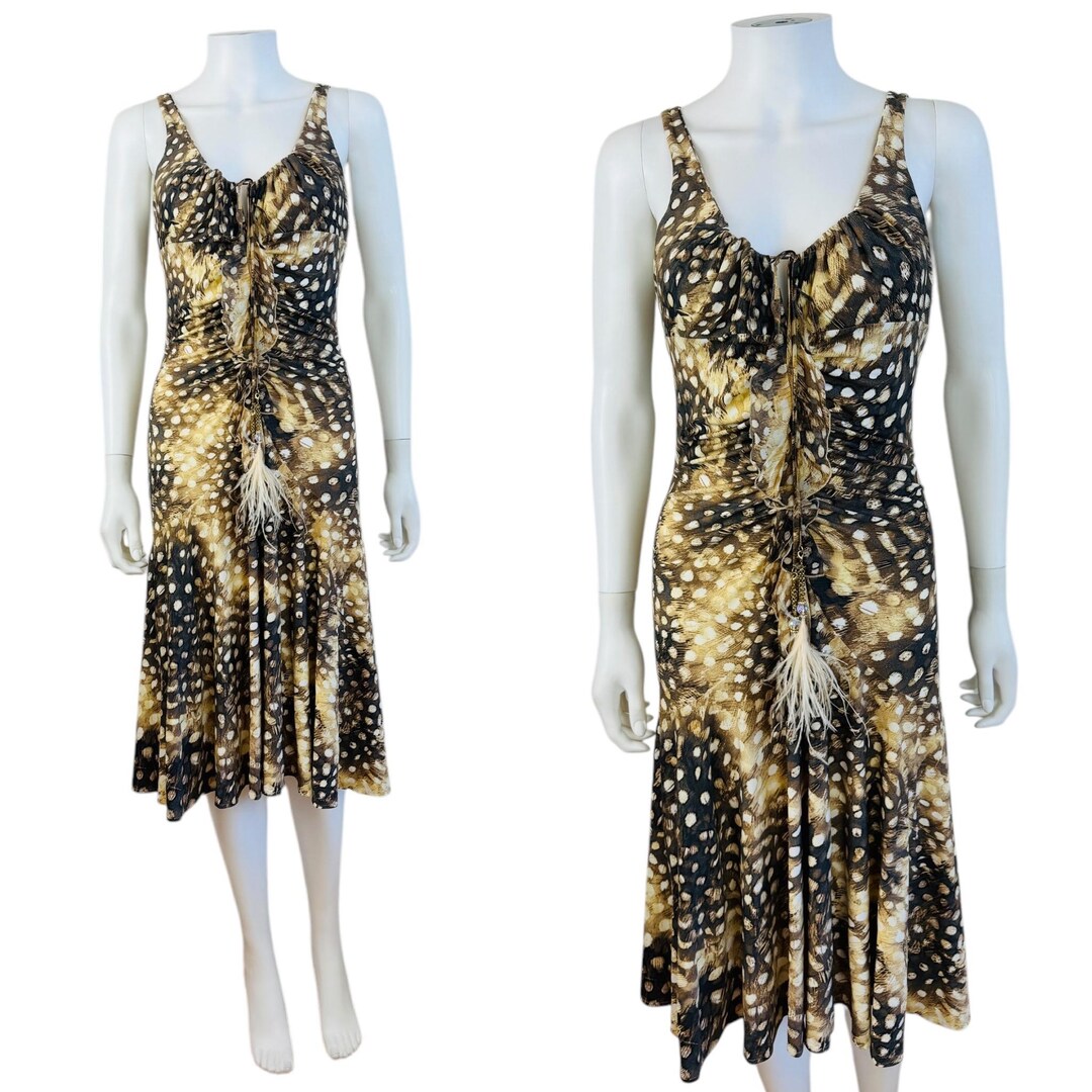 Vintage S/S 2004 Y2K Roberto Cavalli Feather Ruched Midi Dress - Etsy