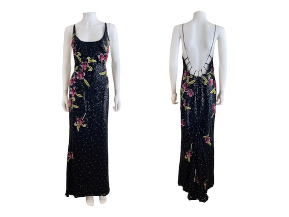 Vintage 2002 Escada Hand Beaded Sequin Floral Maxi Dr… - Gem
