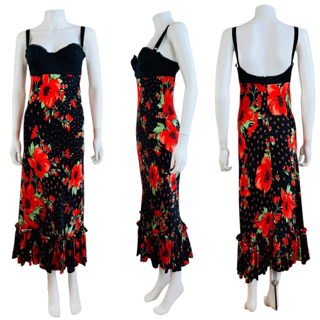 ON HOLD/// Vintage Dolce + Gabbana D&G Black + Red Floral Silk Bustier ...