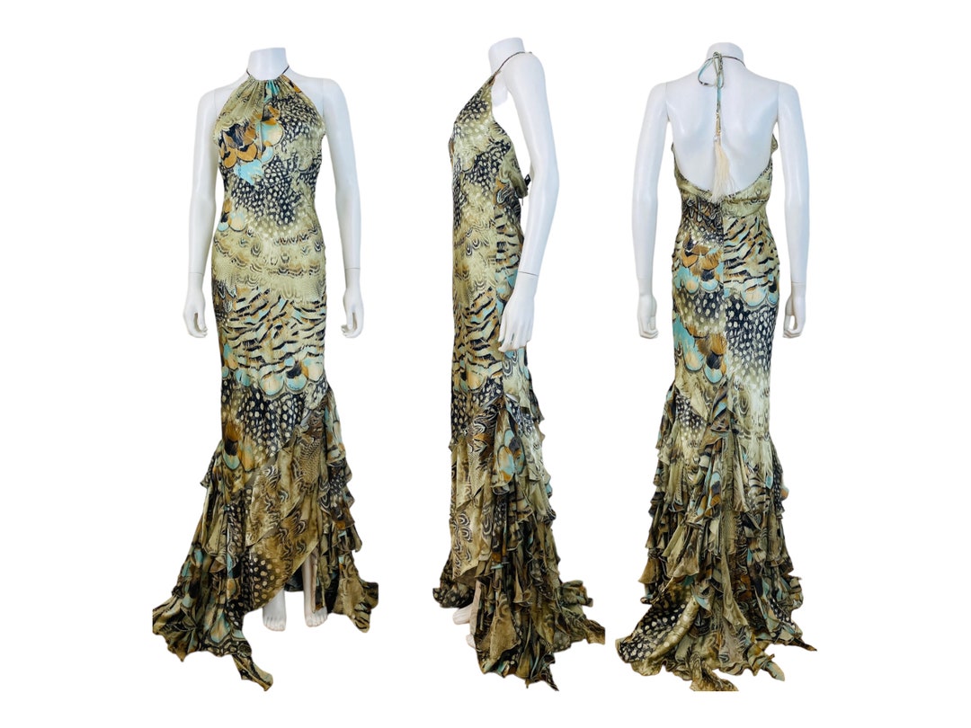 Vintage S/S 2004 Y2K Roberto Cavalli Silk Feather Print Halter Dress ...