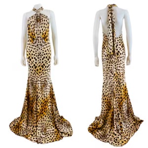 Vintage 2007 Y2K Roberto Cavalli Silk Cheetah Print Halter Dress Gown ...
