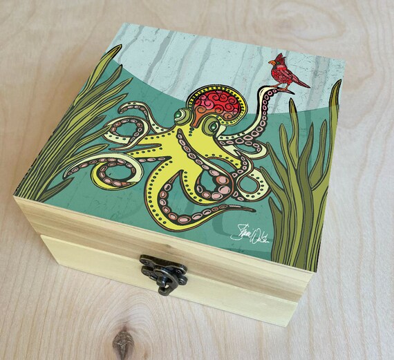 Octopus & Cardinal Wood Box Ocean Life Art Keepsake Box | Etsy