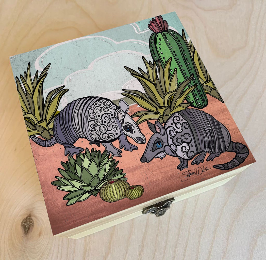 Armadillo & Cactus Wood Box, Keepsake Box, Handcrafted Wood Box, Gift ...