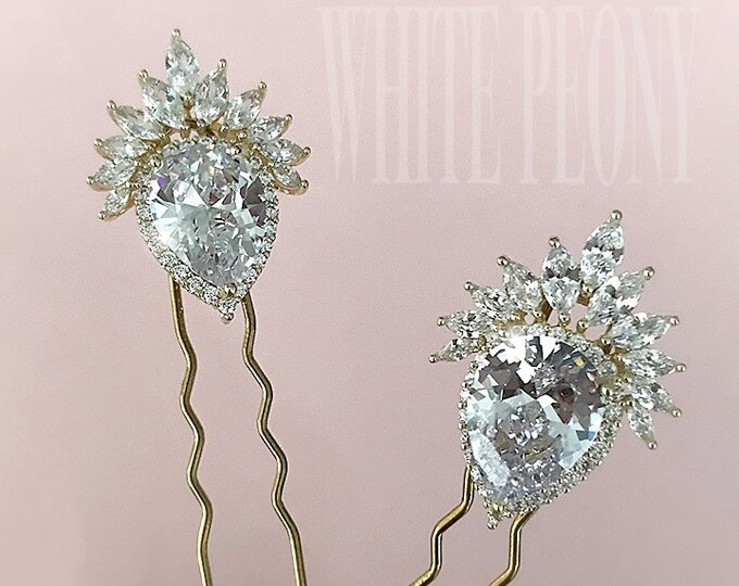 Gold Crystal Teardrop Leaf Bridal Hair Pin Hair Accessory-vintage Art ...