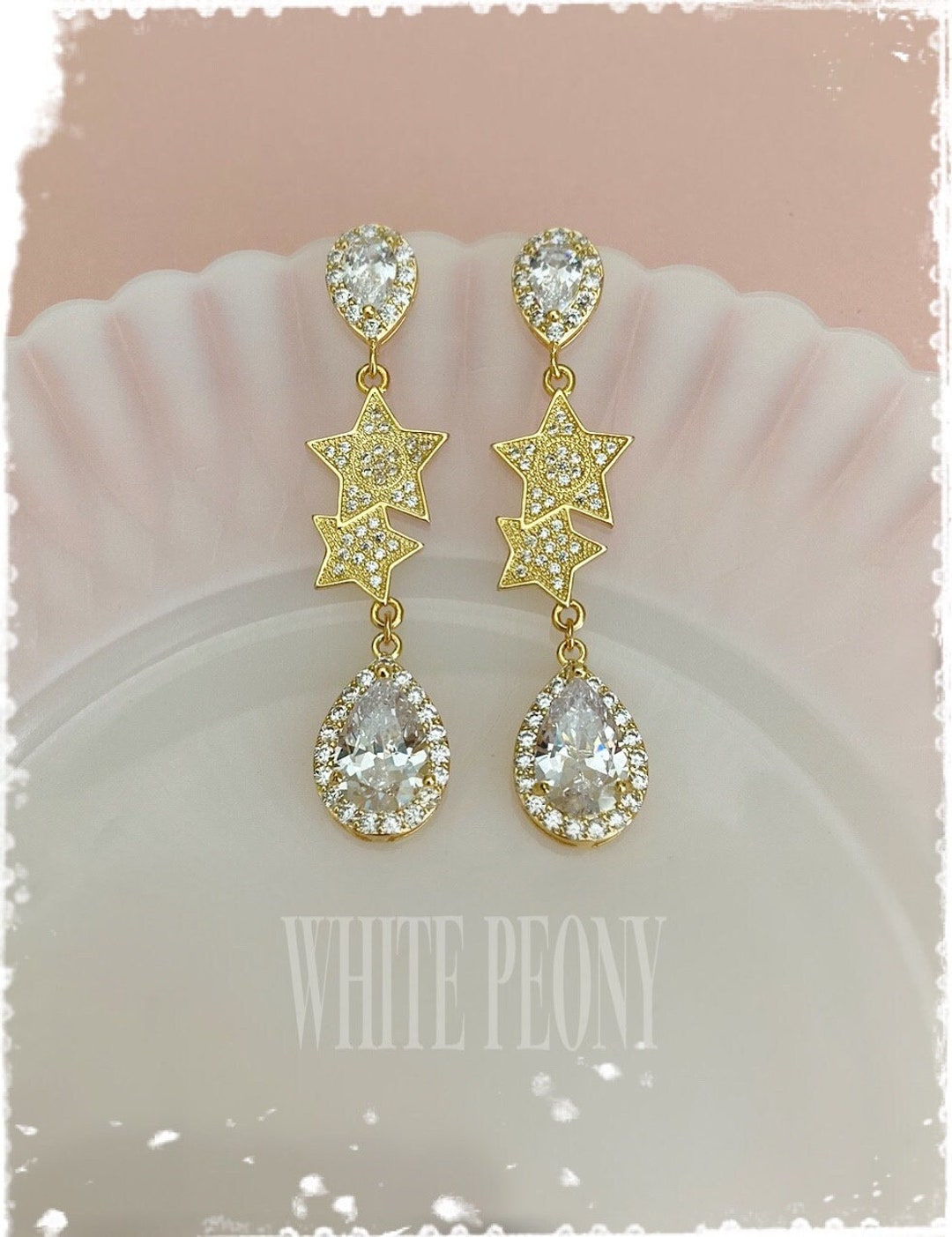 Yellow Gold Vintage Art Deco Style CZ Crystal Star Dangle Earrings-5a ...