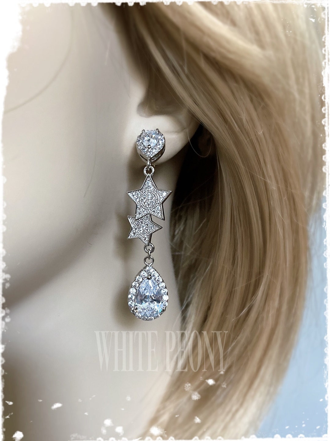 Art Deco Style CZ Crystal Star Tear Drop Dangle Earrings-5a Cubic ...
