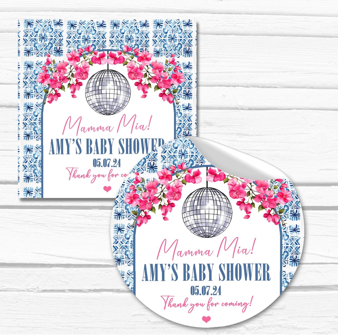 Mamma Mia Baby Shower Party Stickers Personalised Greek Disco Gloss ...